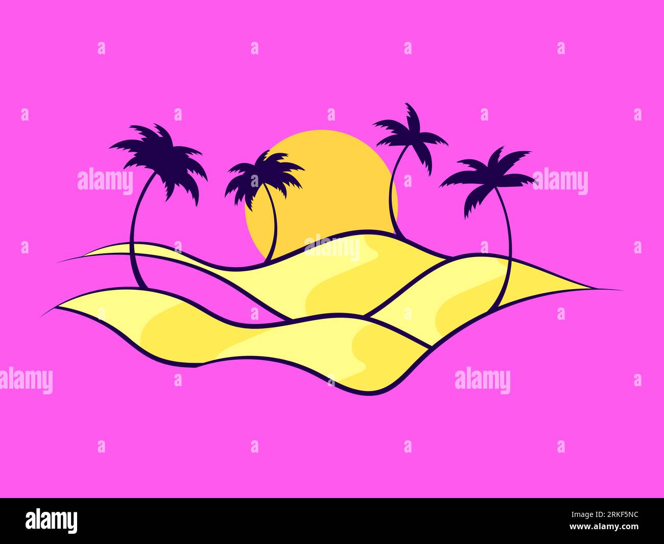 Desert landscape with palm trees and sand dunes isolated on pink ...