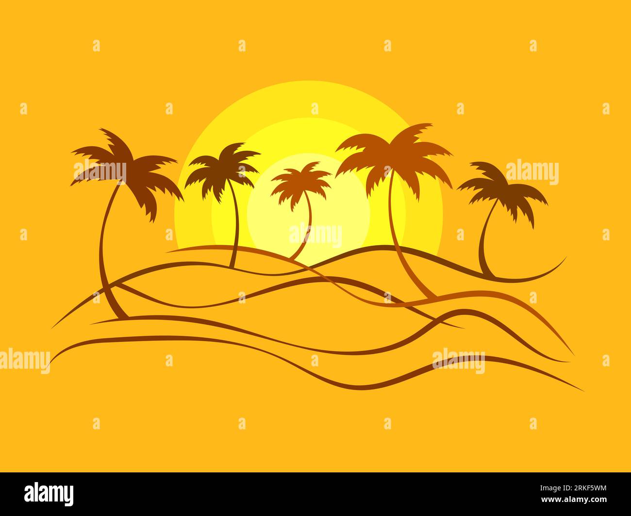 Line landscape outline with palm trees and rising sun on a orange ...