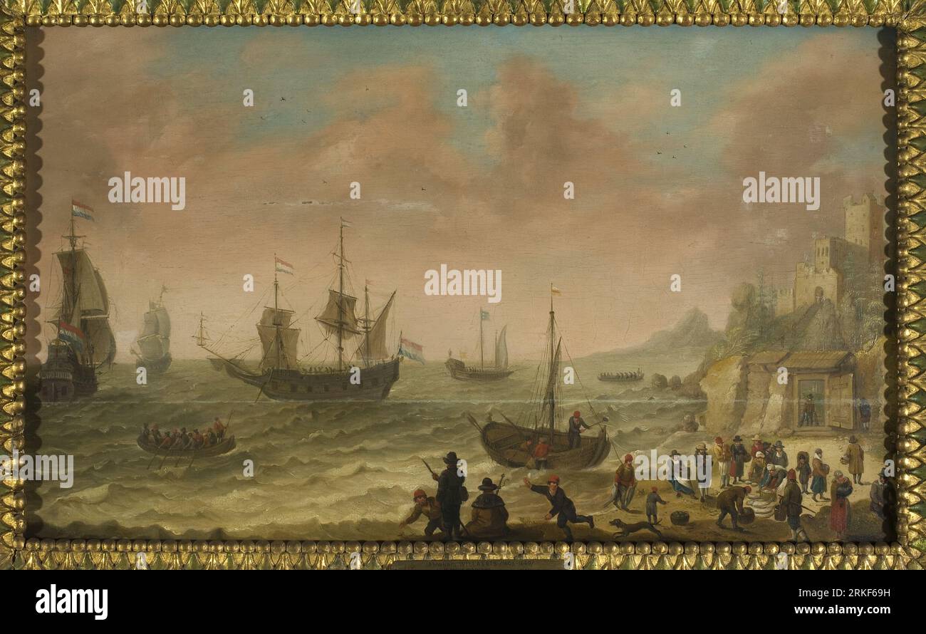 A Coastal Scene with Dutch Vessels and a Fish Market 1650s by Abraham ...