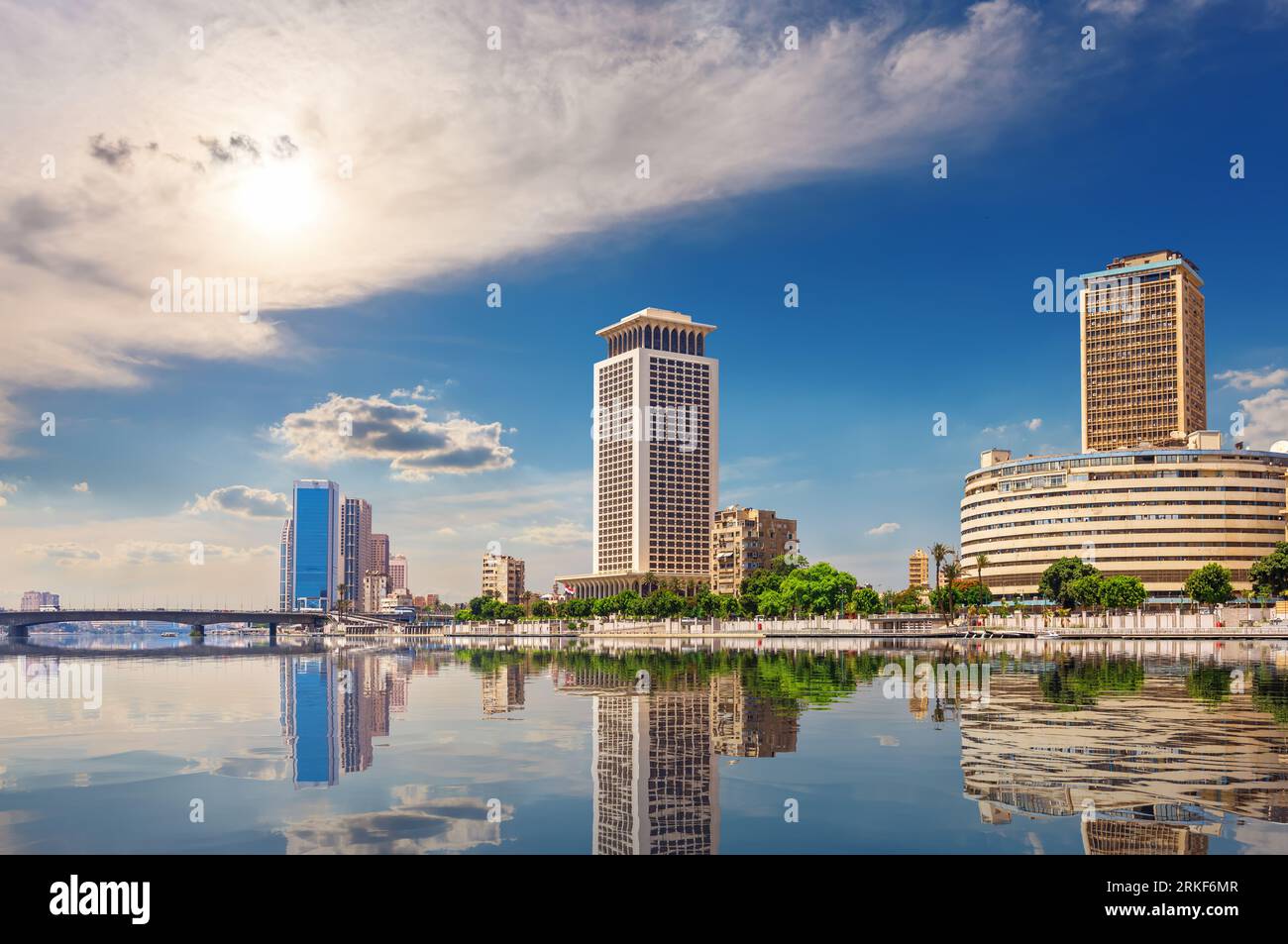 The Great Nile river and the banks of Cairo with fashionable buildings ...