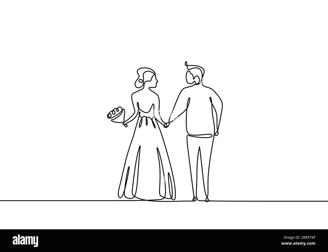 Drawing line, of newlyweds holding hands taking pre wedding. Romantic ...