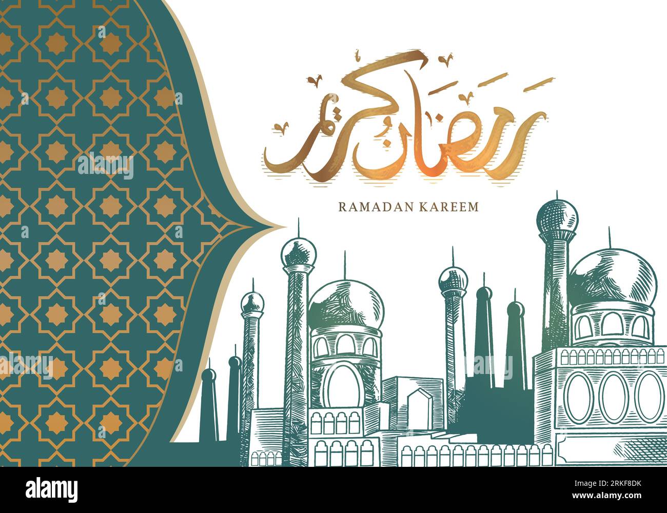 Ramadan Kareem greeting card with green big mosque. Luxury elegant ...