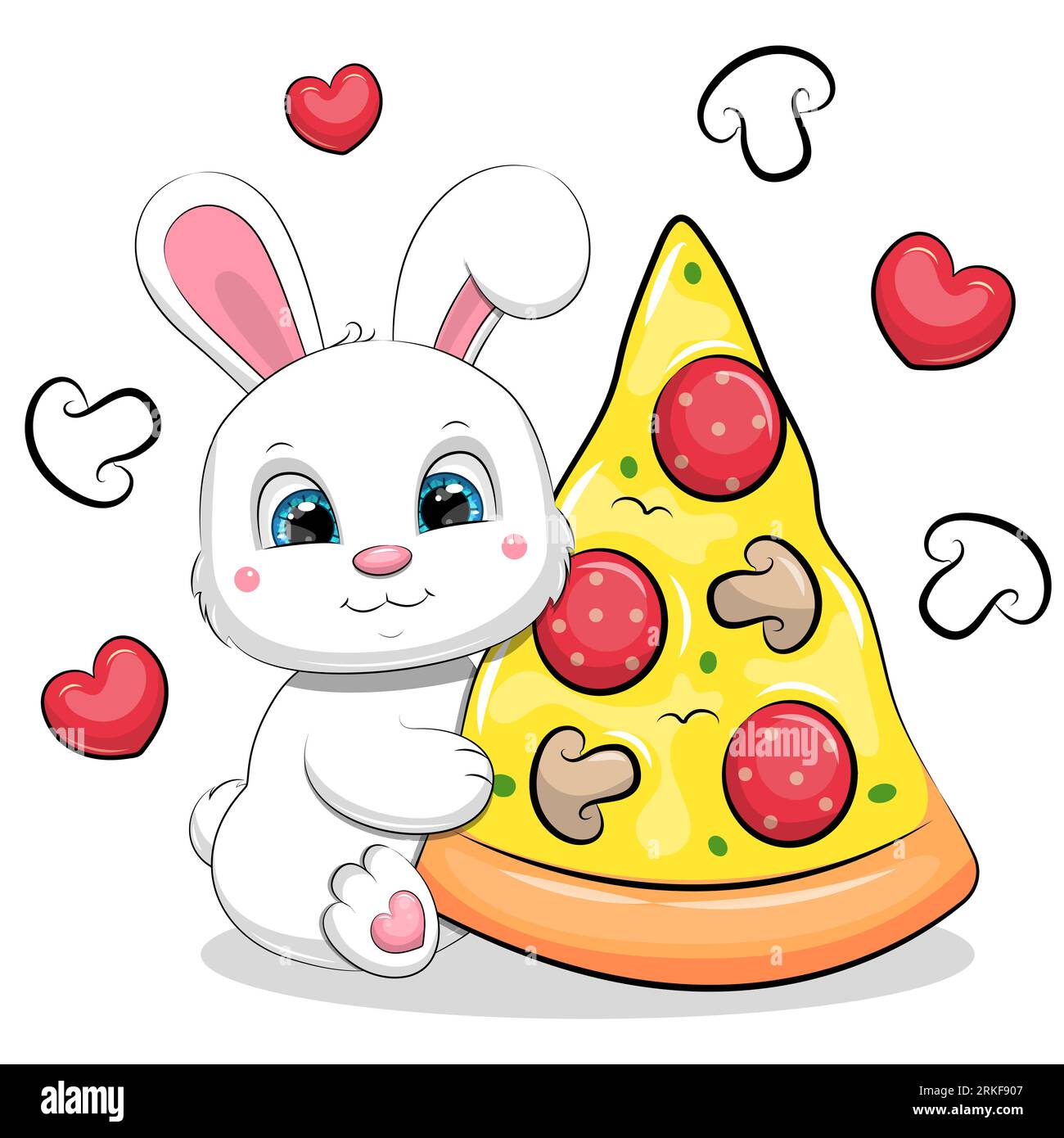 Cute cartoon white rabbit with a big piece of pizza. Vector ...