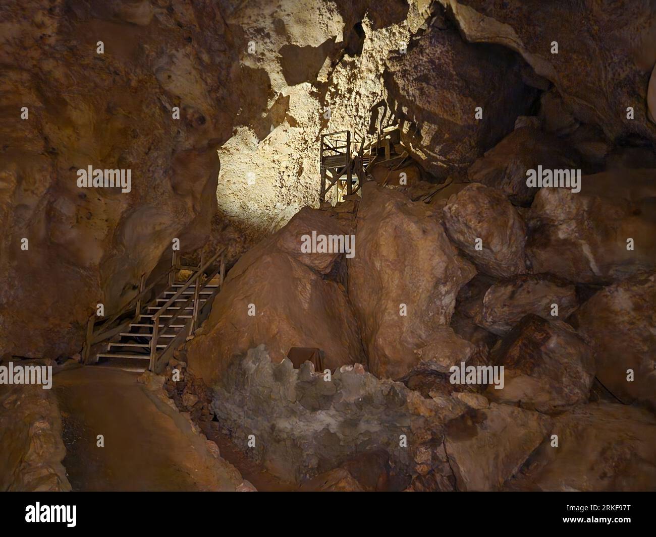 A stone stairway leadinf to a large underground cave in Carlsbad ...
