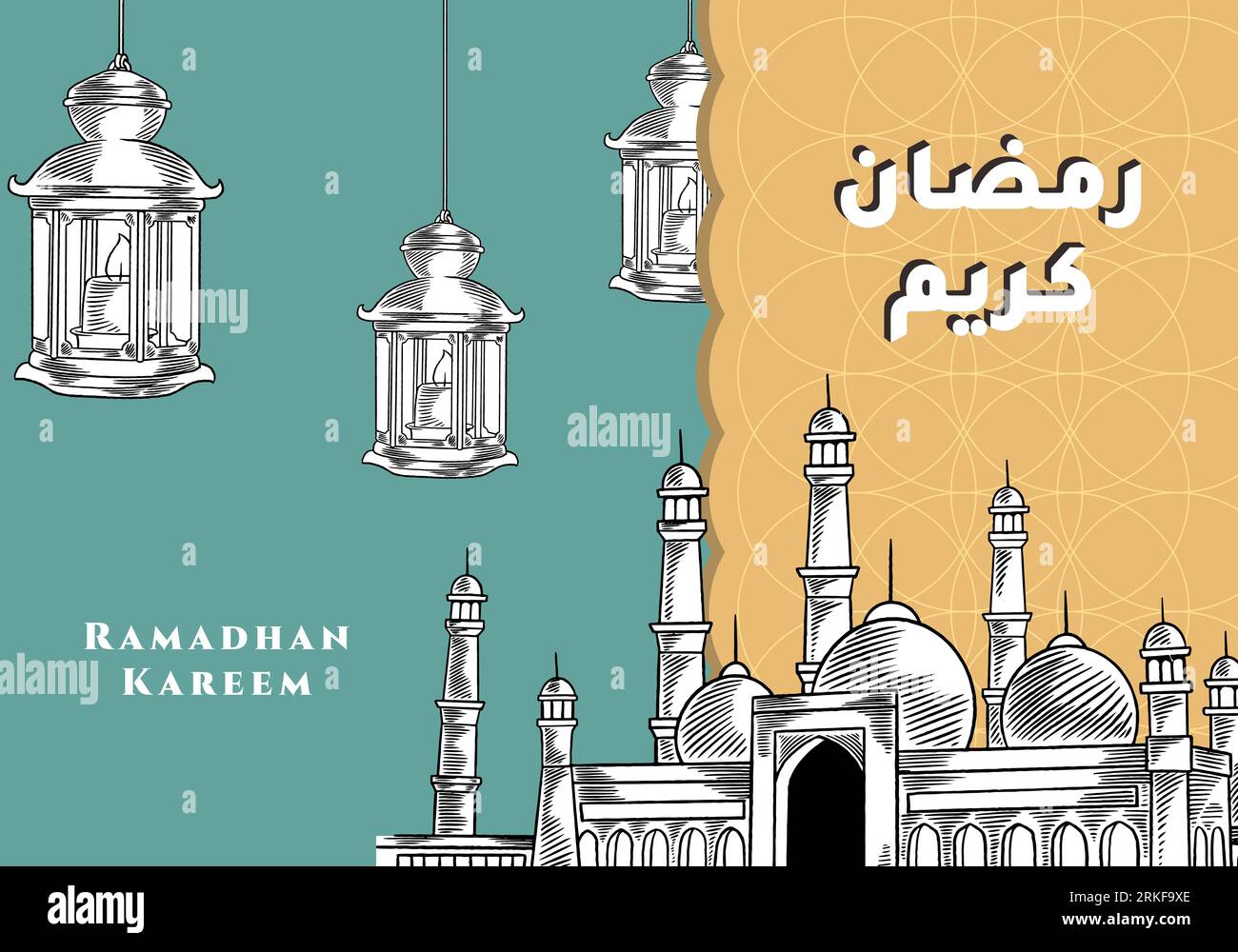Ramadan Kareem greeting with mosque and lantern hand drawn calligraphy ...