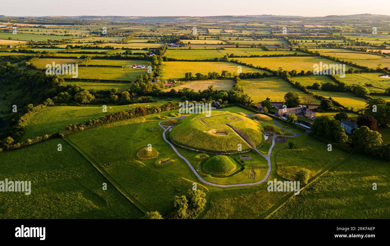 An aerial view of an artificial concrete mound in a green landscape at ...