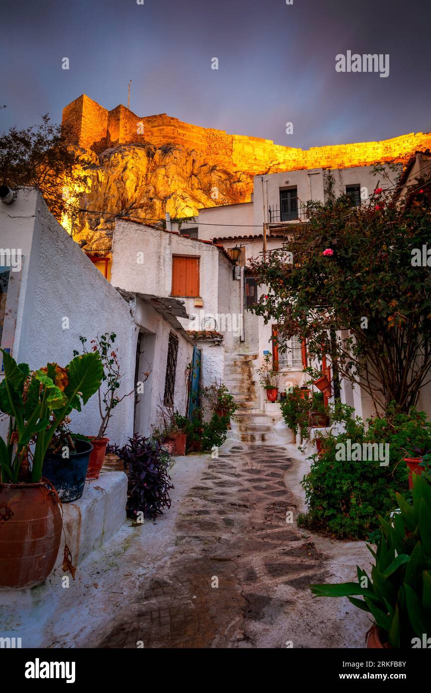 View of Acropolis from Anafiotika neighborhood in the old town Stock ...