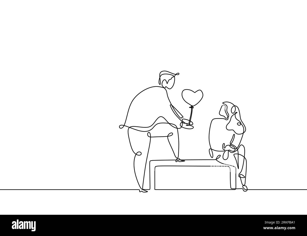 Continuous line drawing of romantic couple giving love balloon gift for ...