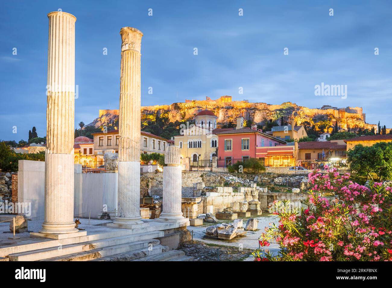 Remains of Hadrian's Library and Acropolis in the old town of Athens ...