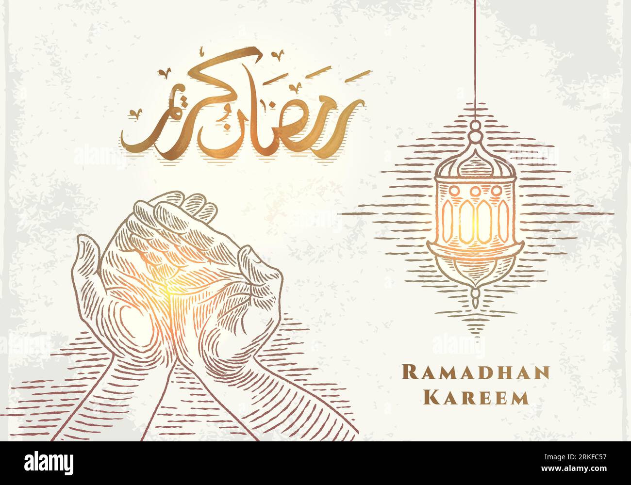 Ramadan Kareem greeting card with golden lantern sketch and praying ...