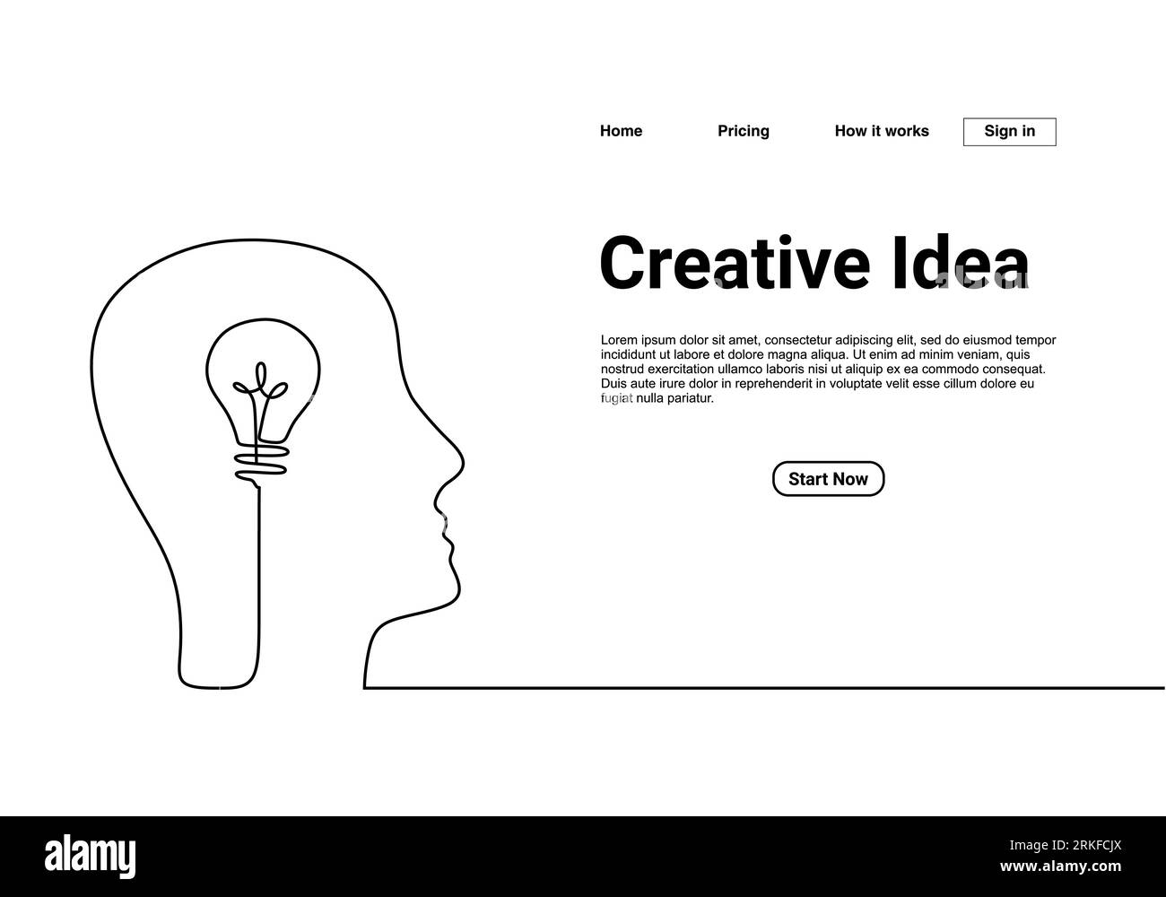 Continuous one line drawing of head with a bulb lamp for website ...