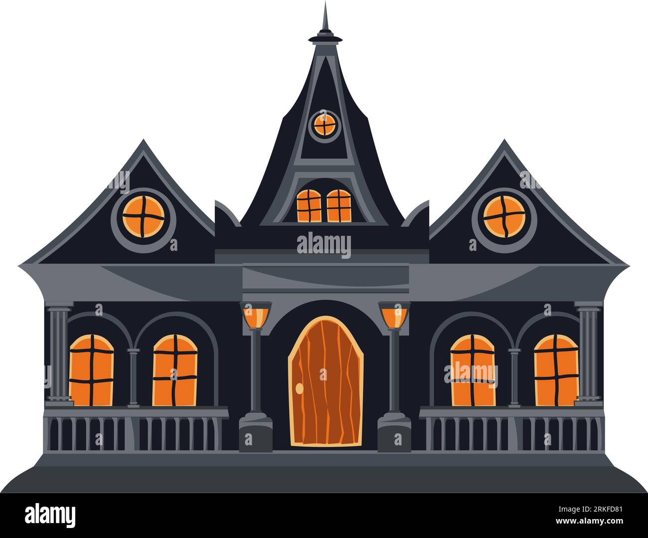 Spooky gray halloween house with lanterns at the entrance, orange ...