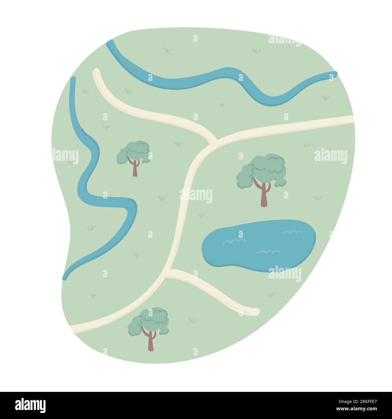 Cute hand drawn colored landscape illustrated map with a lake, blue ...