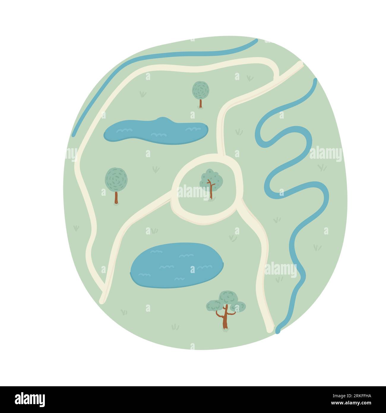 Cute hand drawn colored landscape illustrated map with lakes, blue ...