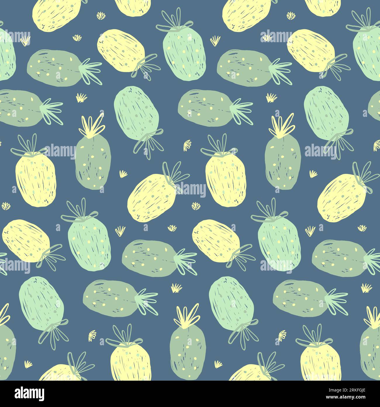 Dark seamless pineapple pattern. Hand drawn colored doodle icons. Cute ...