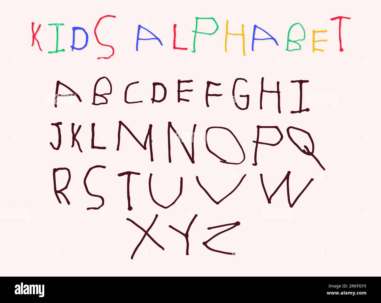 Hand drawn by small kid letters English ABC. Cartoon primitive child ...