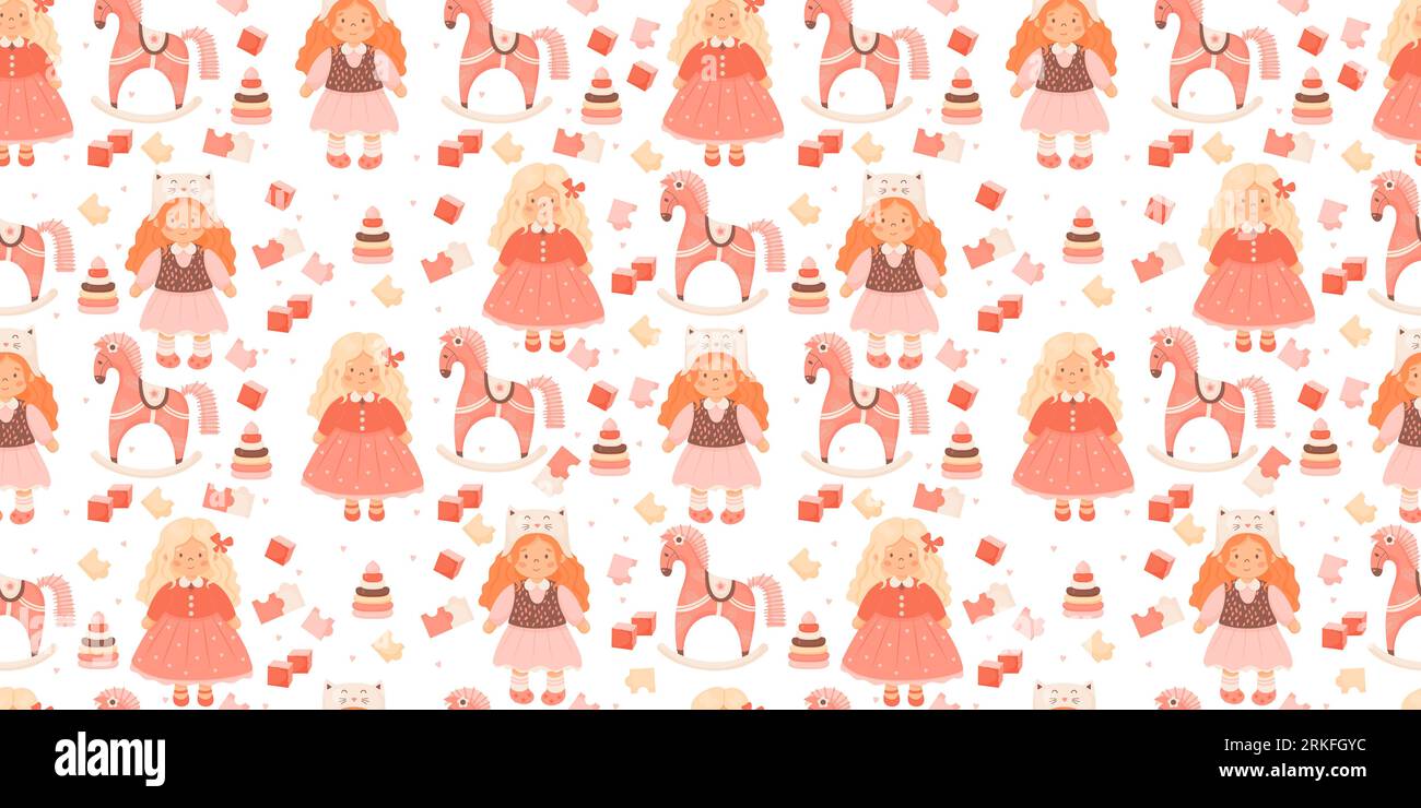 Kids seamless pattern. Children doll toys. Cute curly girls, rocking ...