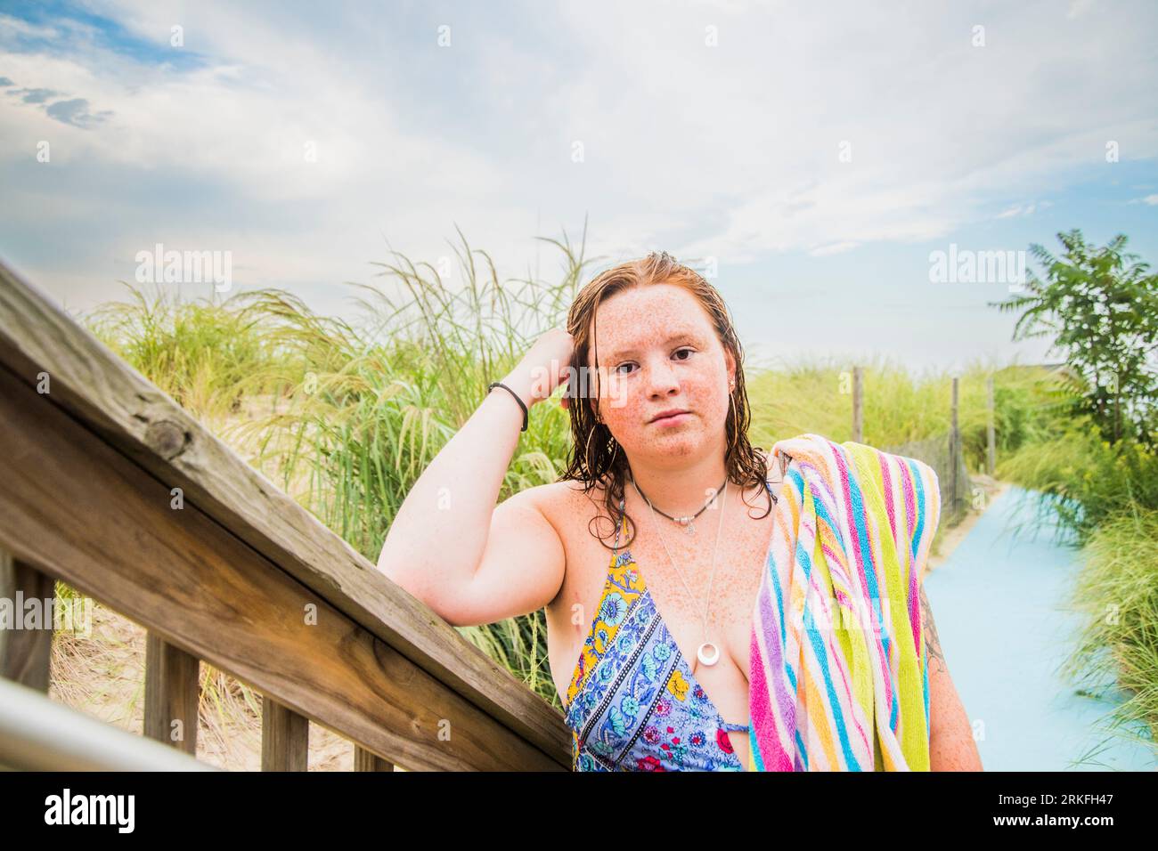 Boho Freckled face Gen Z illustrates Body Positivity at the Beach Stock ...