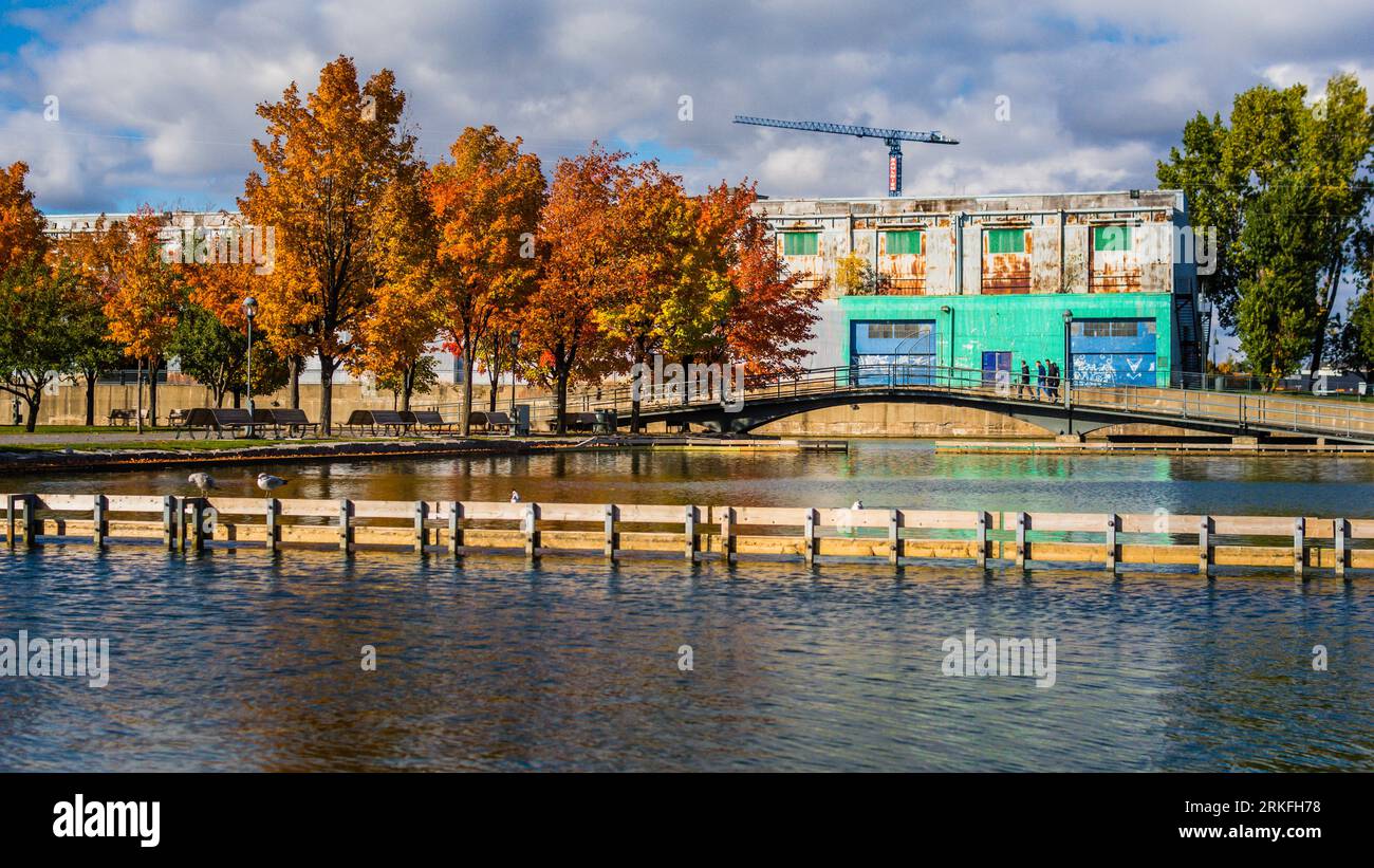 Bridge and warehouse, with bright maple trees, in Montreal, Canada ...