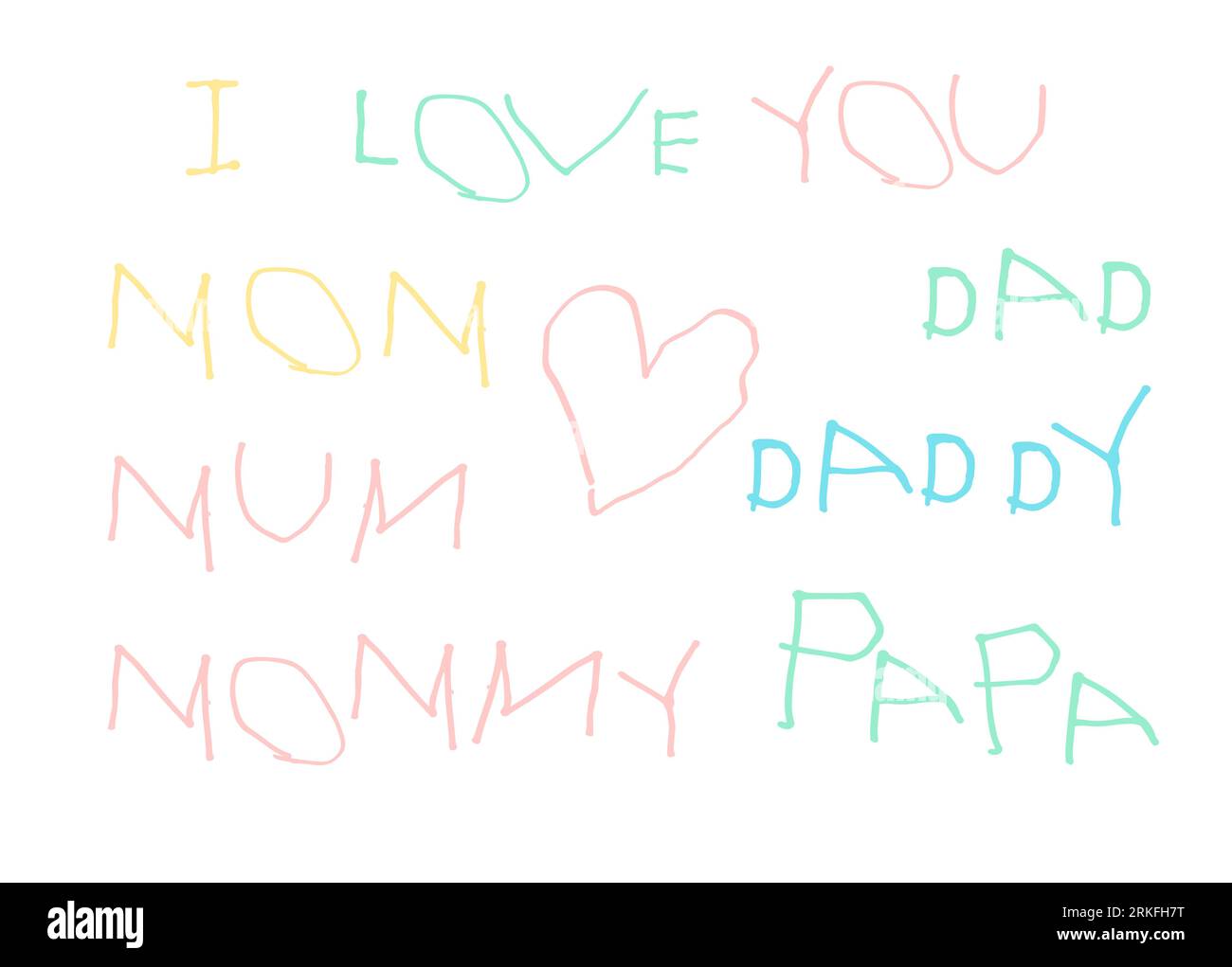 Hand drawn by small kid letters English I love you. Cartoon primitive ...