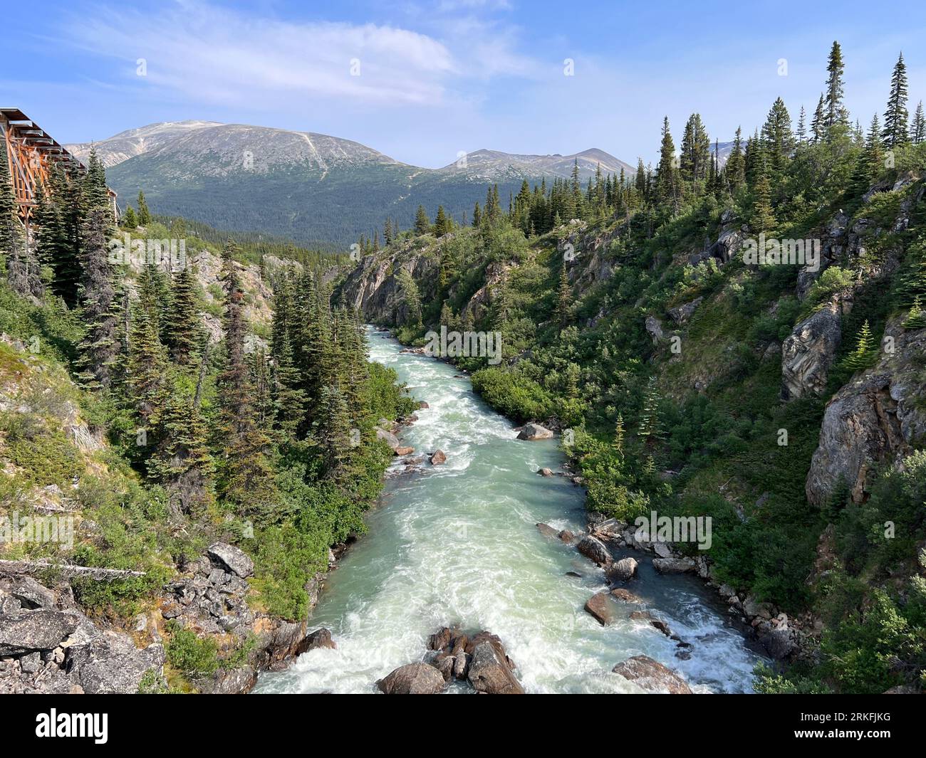 An aerial view of the Tutshi River and its canyon in British Columbia ...