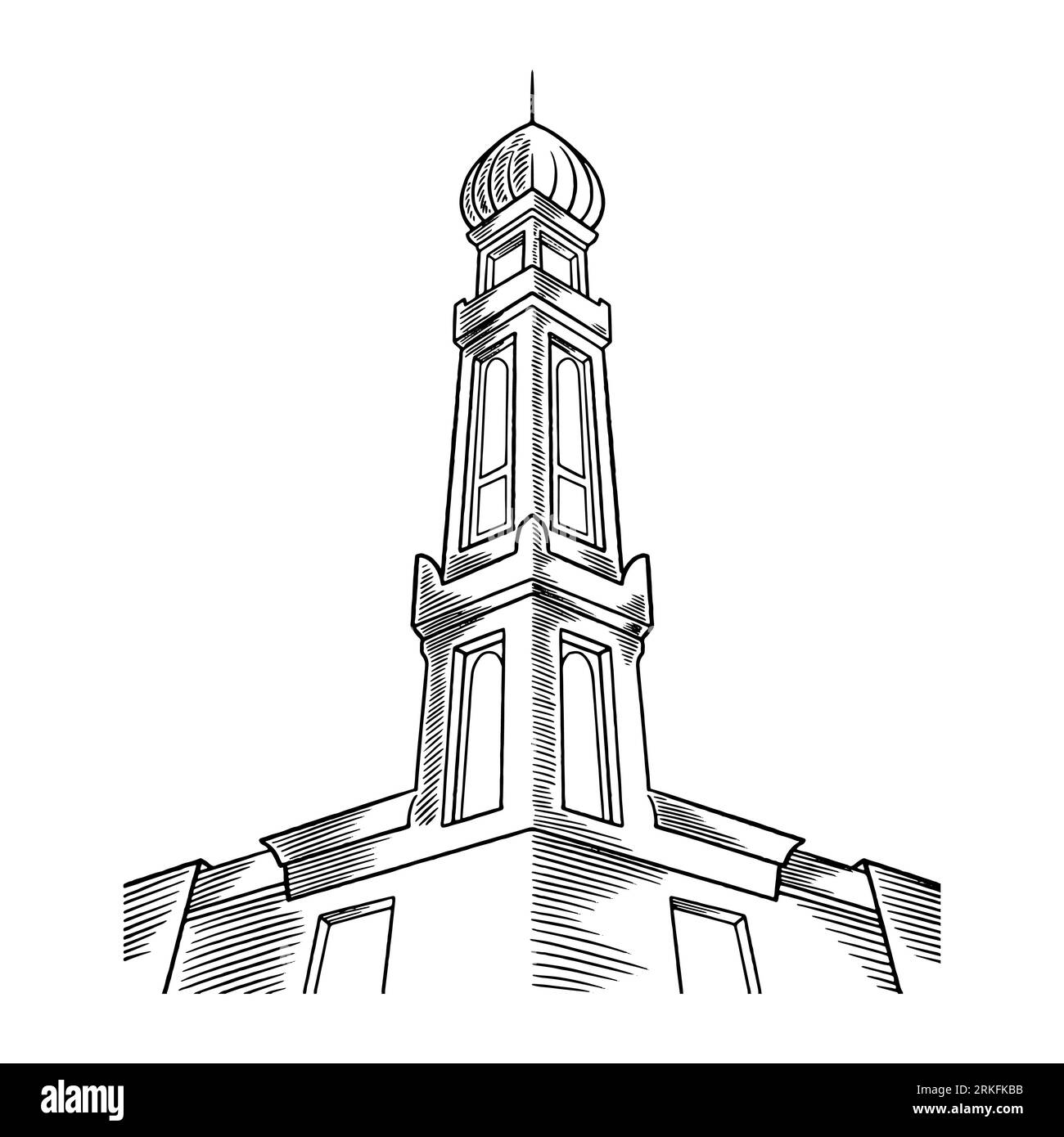 Hand drawn sketch illustration of mosque tower building with islamic ...