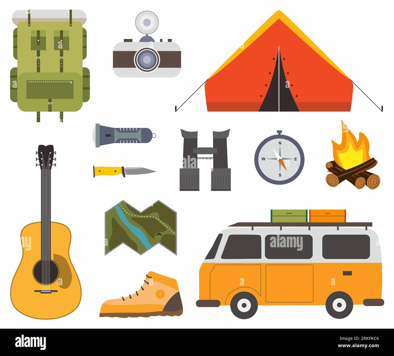 Set of camping of adventure. Equipment of camping objects, tent ...