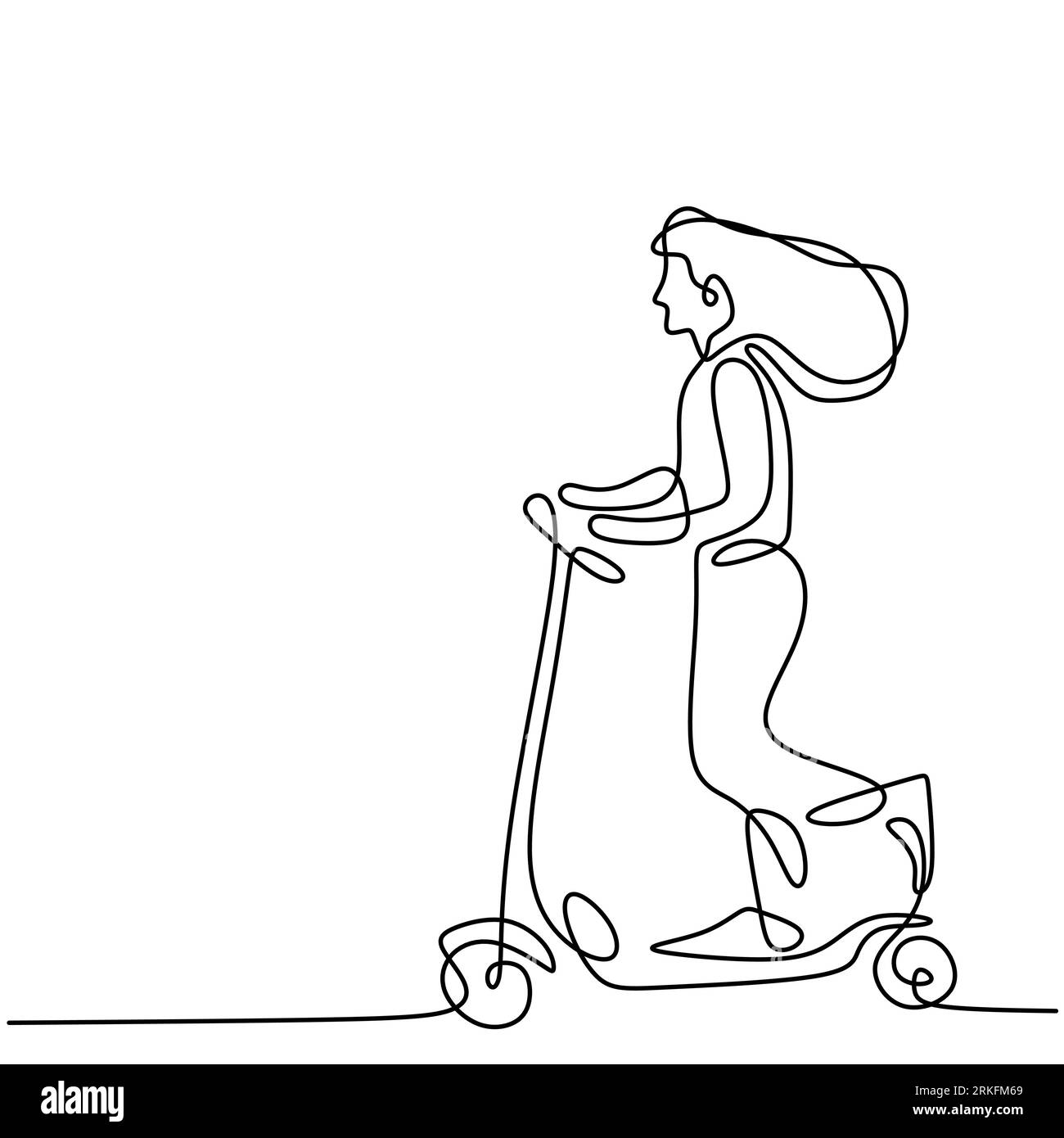 Continuous one line drawing of young woman rides an electric scooter ...