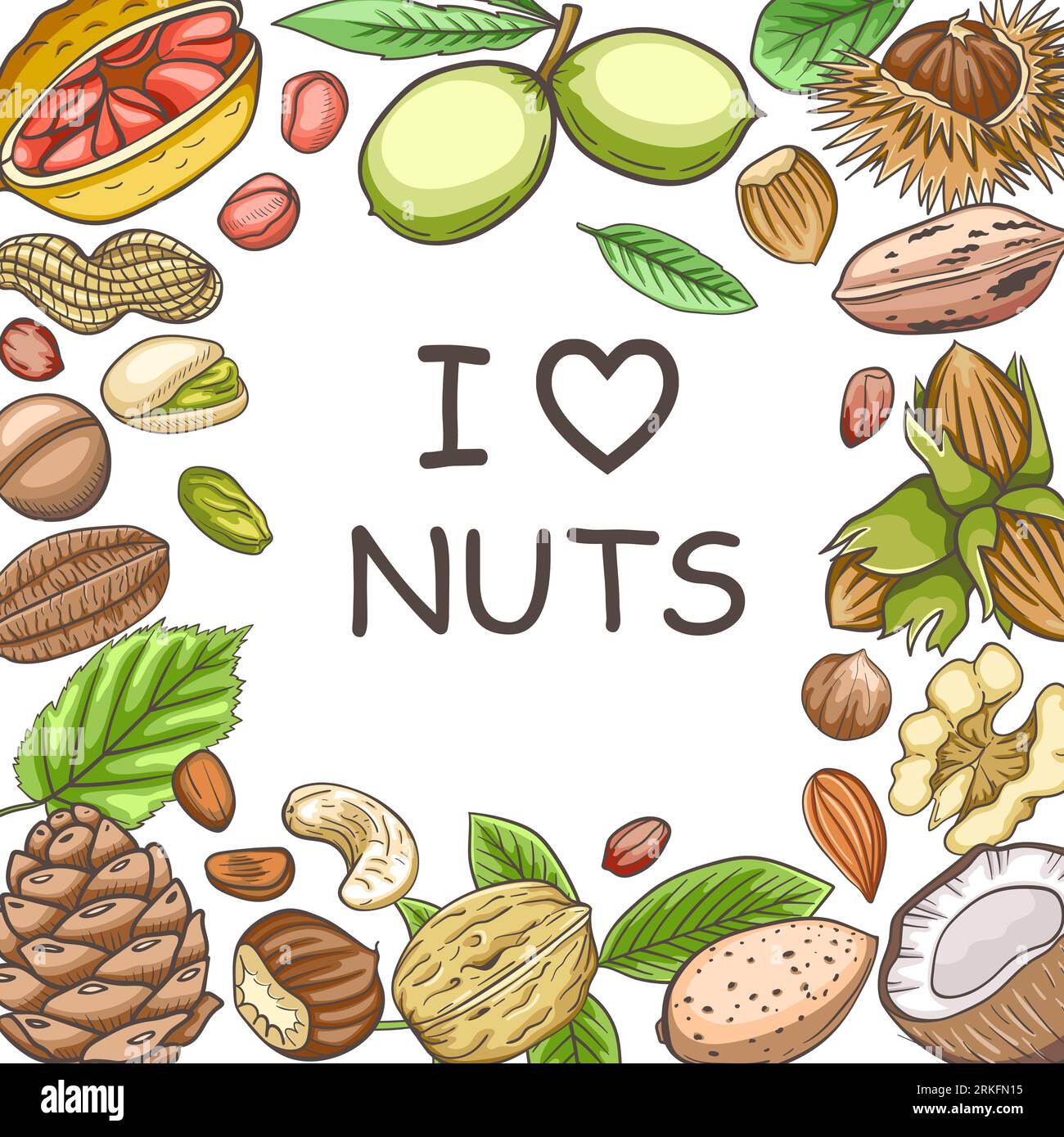 Background with various nuts and leaves. Frame with almond, walnut ...