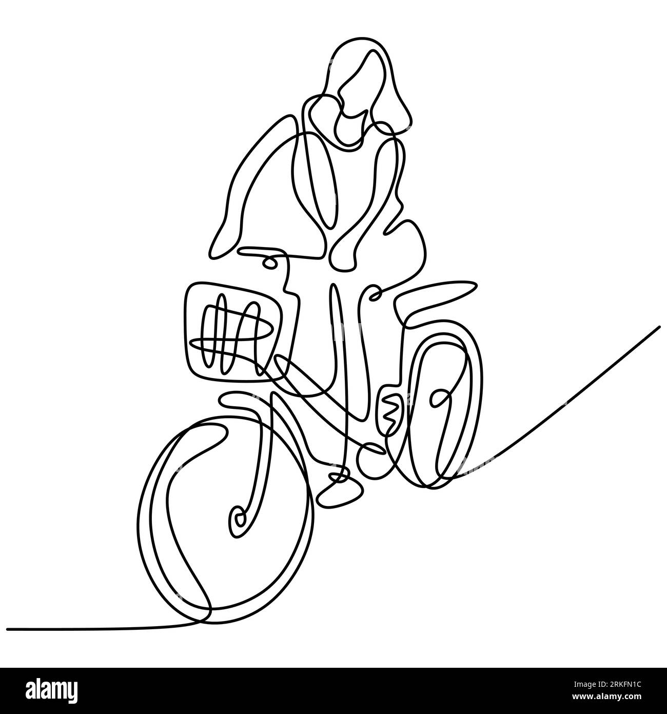 One continuous line drawing of a girl riding bicycle. A cute woman ...