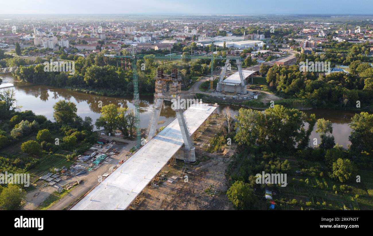 An aerial view of a new bridge under construction in Satu Mare, Romania ...