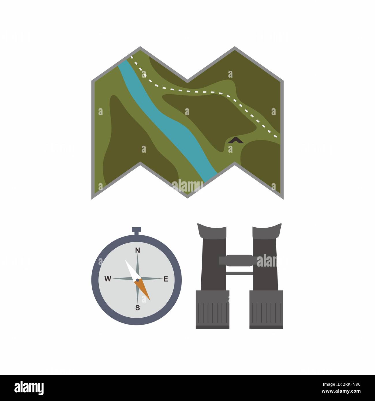 Item collections for travel, trip or camping. Binoculars, map and compass for safari tour and ...