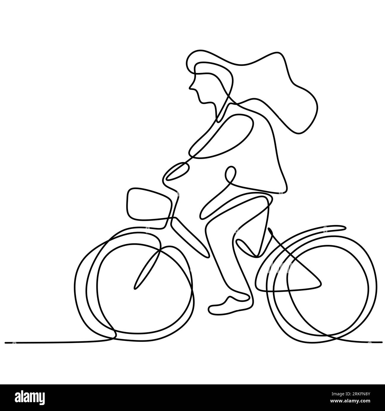 One line drawing of happy young girl on bicycle. Energetic beautiful ...