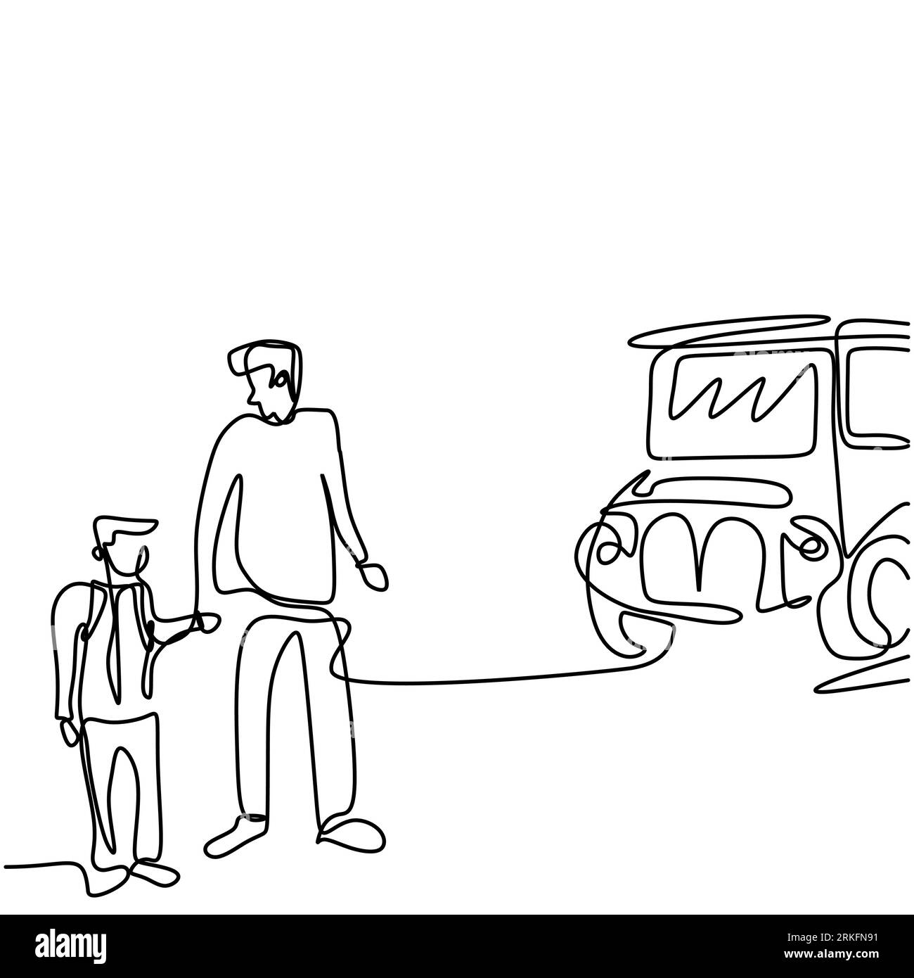 Continuous one line drawing of young father takes her child to school ...