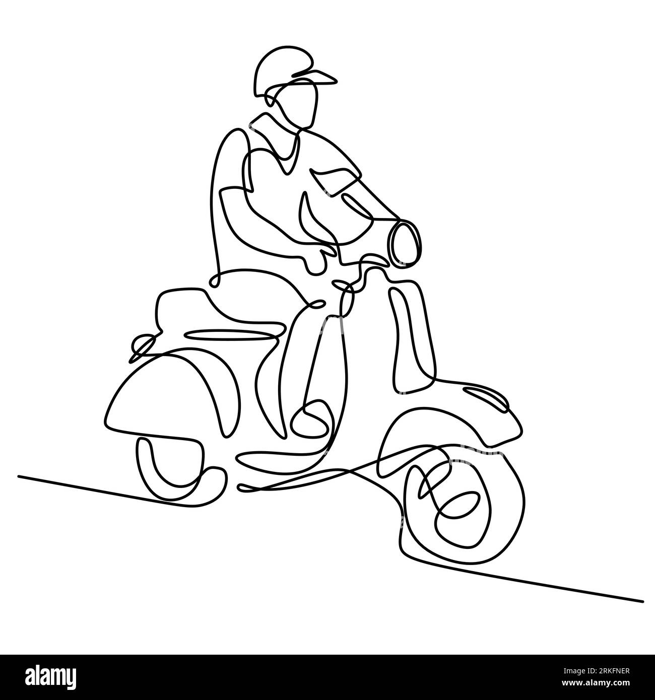 Continuous line art or one line drawing of young man riding vespa ...