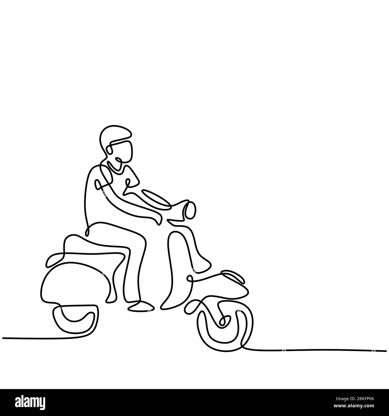 Continuous line art or one line drawing of young man riding vespa ...