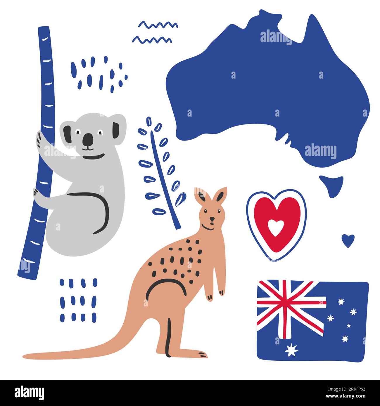Big flat set of Australian famous icons koala, kangaroo, flag and map ...