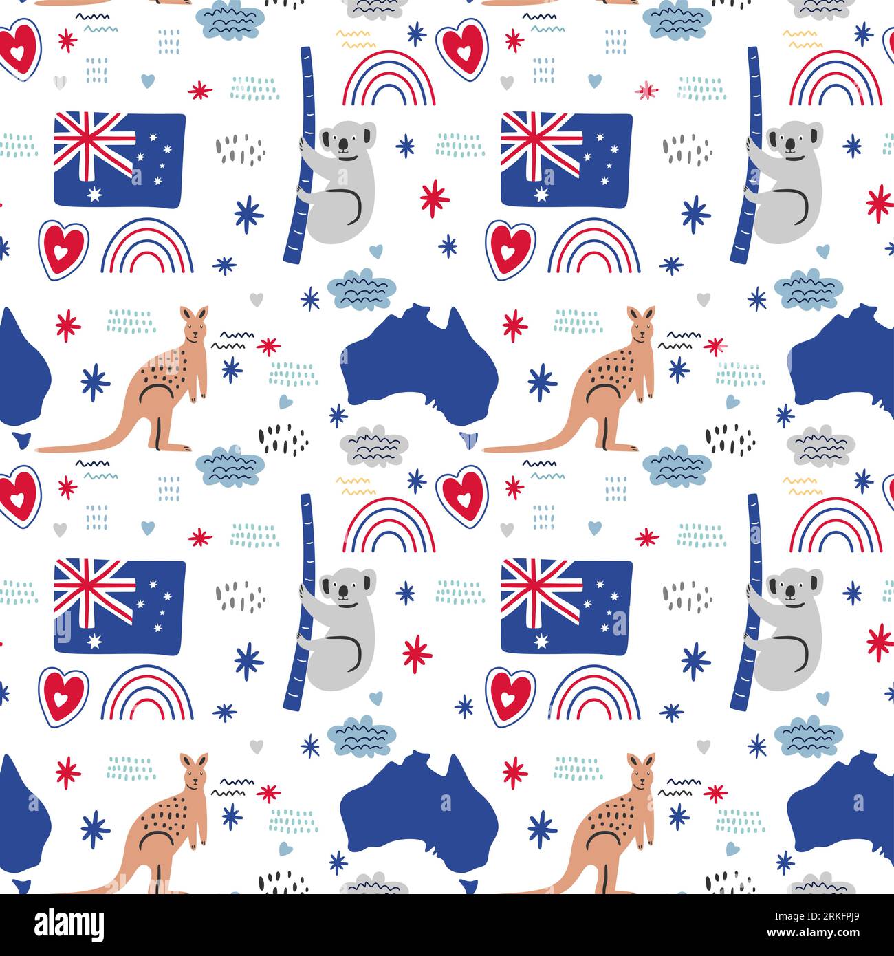 Vector seamless pattern of Australia icons. Kangaroo, koala, map and ...