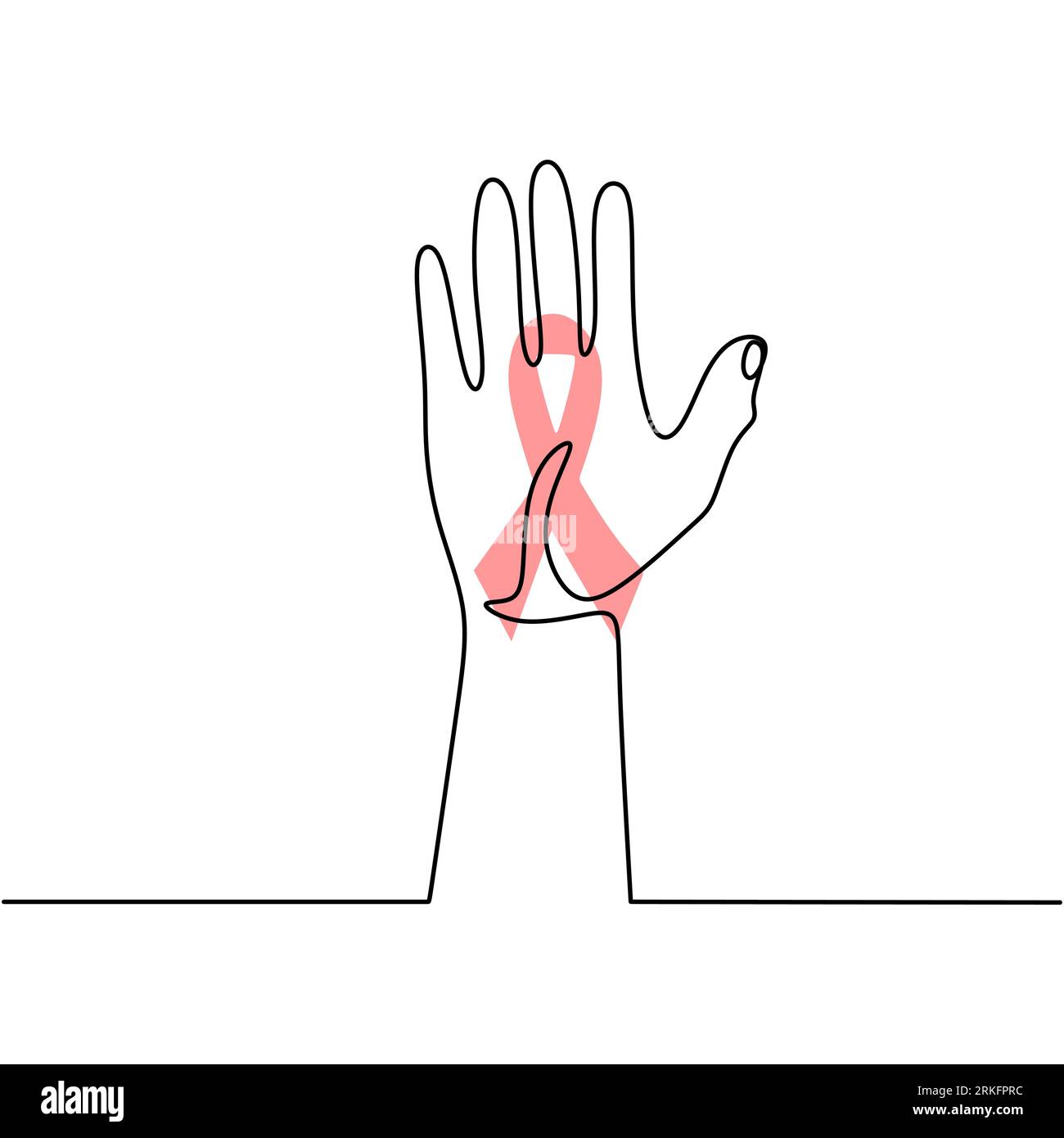 Human's hand with red ribbon Aids continuous one line drawing. Support ...