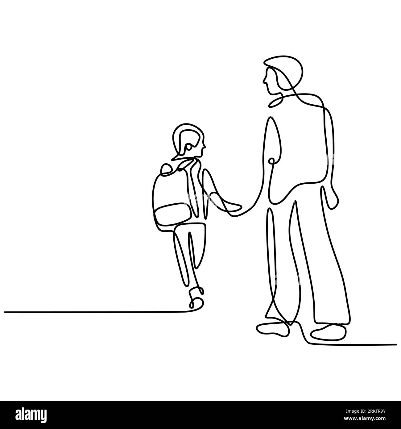 One continuous line drawing of young father takes his son to go to ...