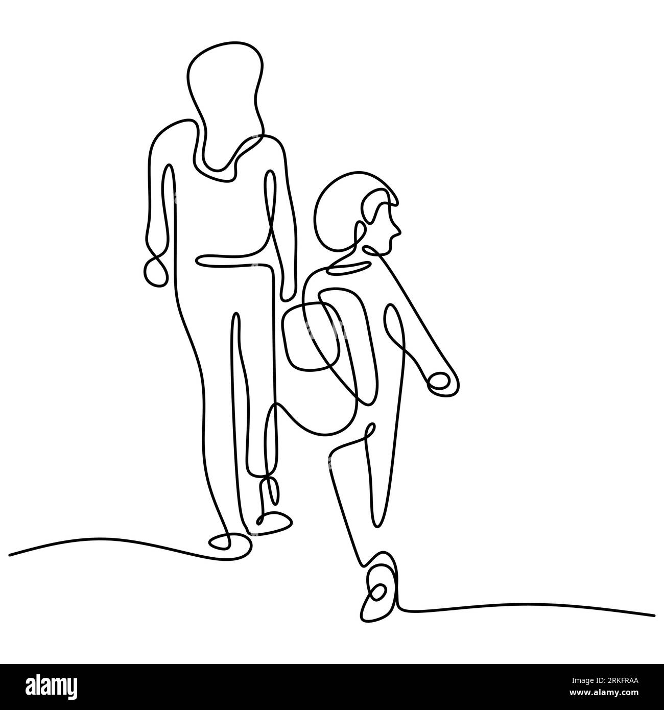 One continuous line drawing of young mother takes his son to go to ...