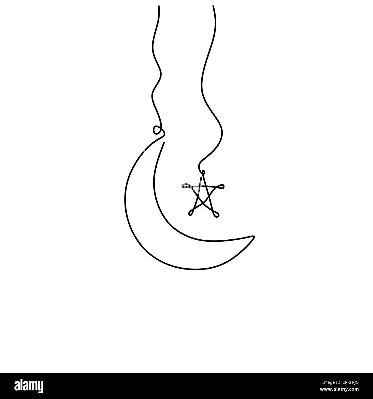 One single line drawing of islamic ornament with moon and star isolated ...