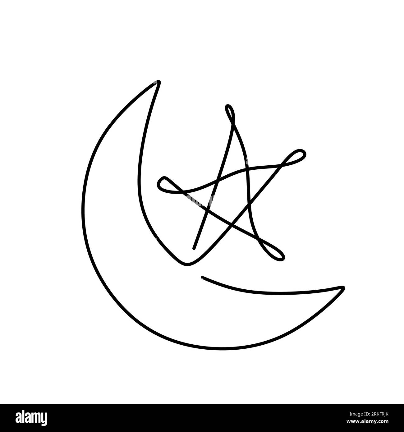 One single line drawing of islamic ornament with moon and star isolated ...
