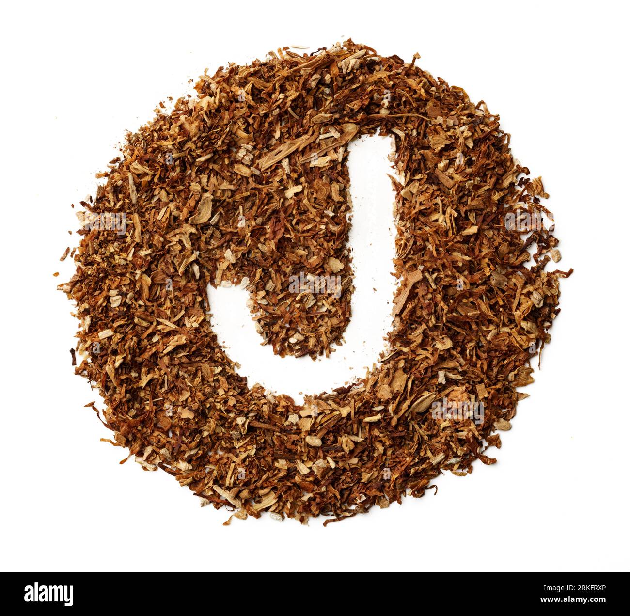 Letter J made of cigarettes dried smoking tobacco on white background ...
