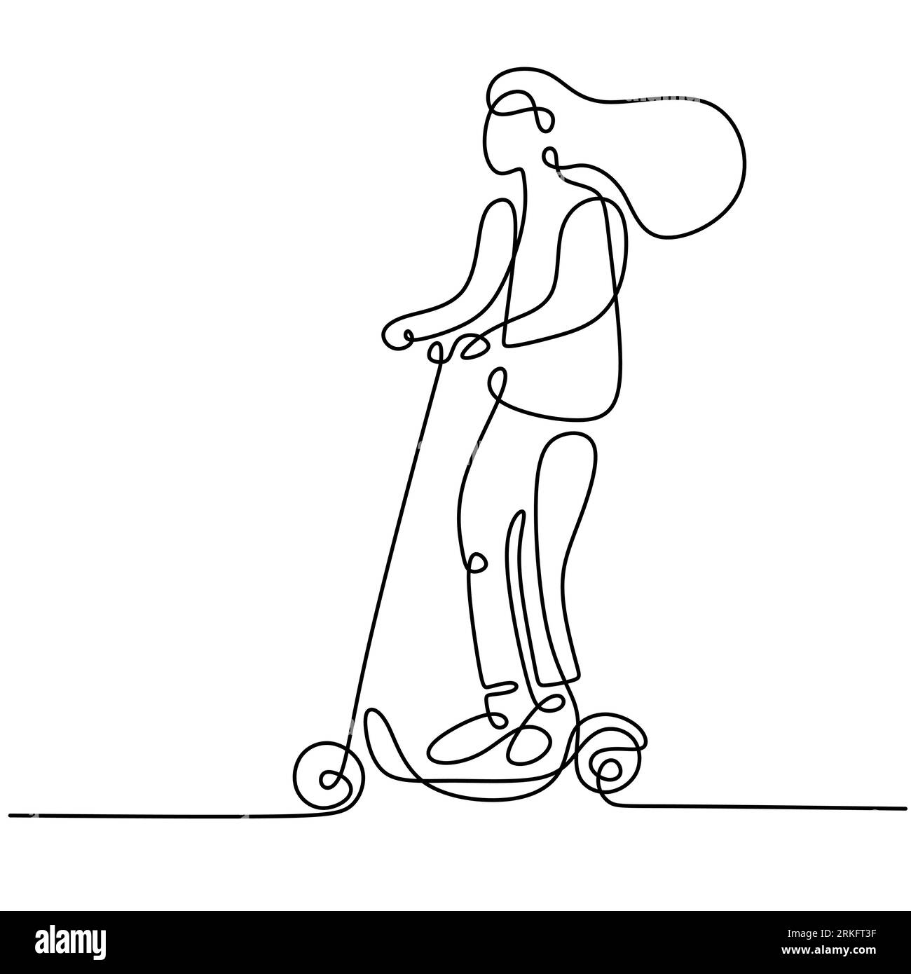 Continuous one line drawing of young woman rides an electric scooter ...