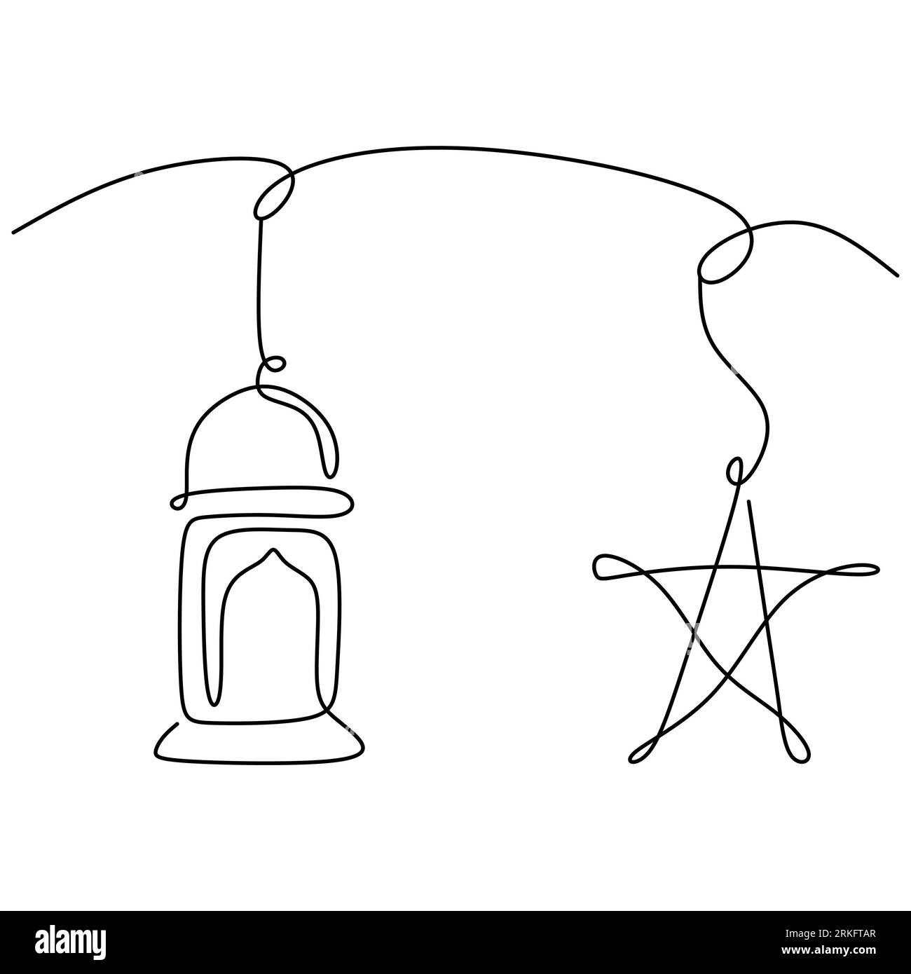 One continuous line drawing design for ramadan with hanging stars and ...