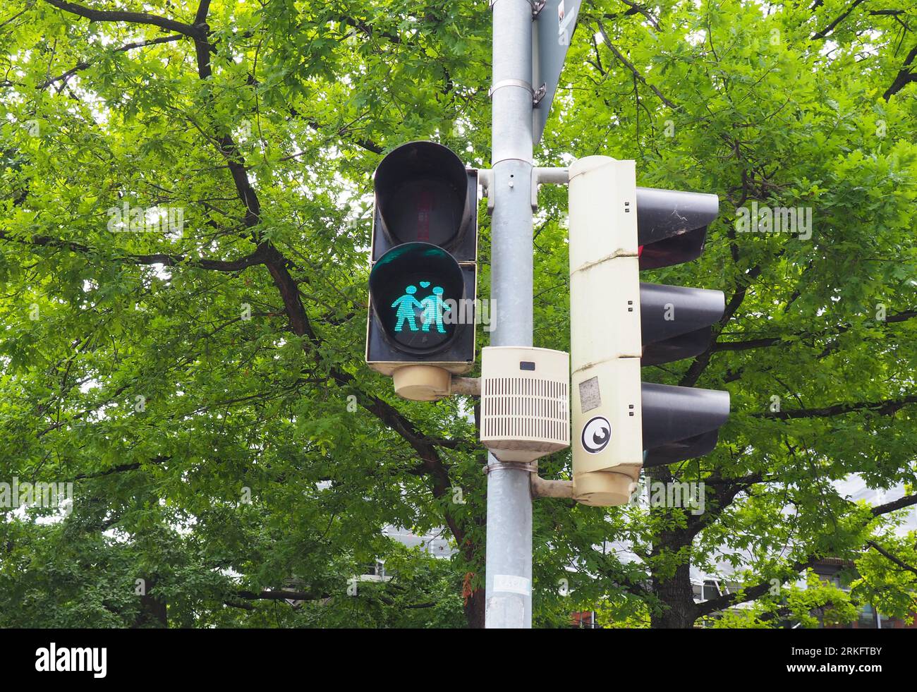 An LGBT traffic light with the pedestrian walk signal illuminated in ...