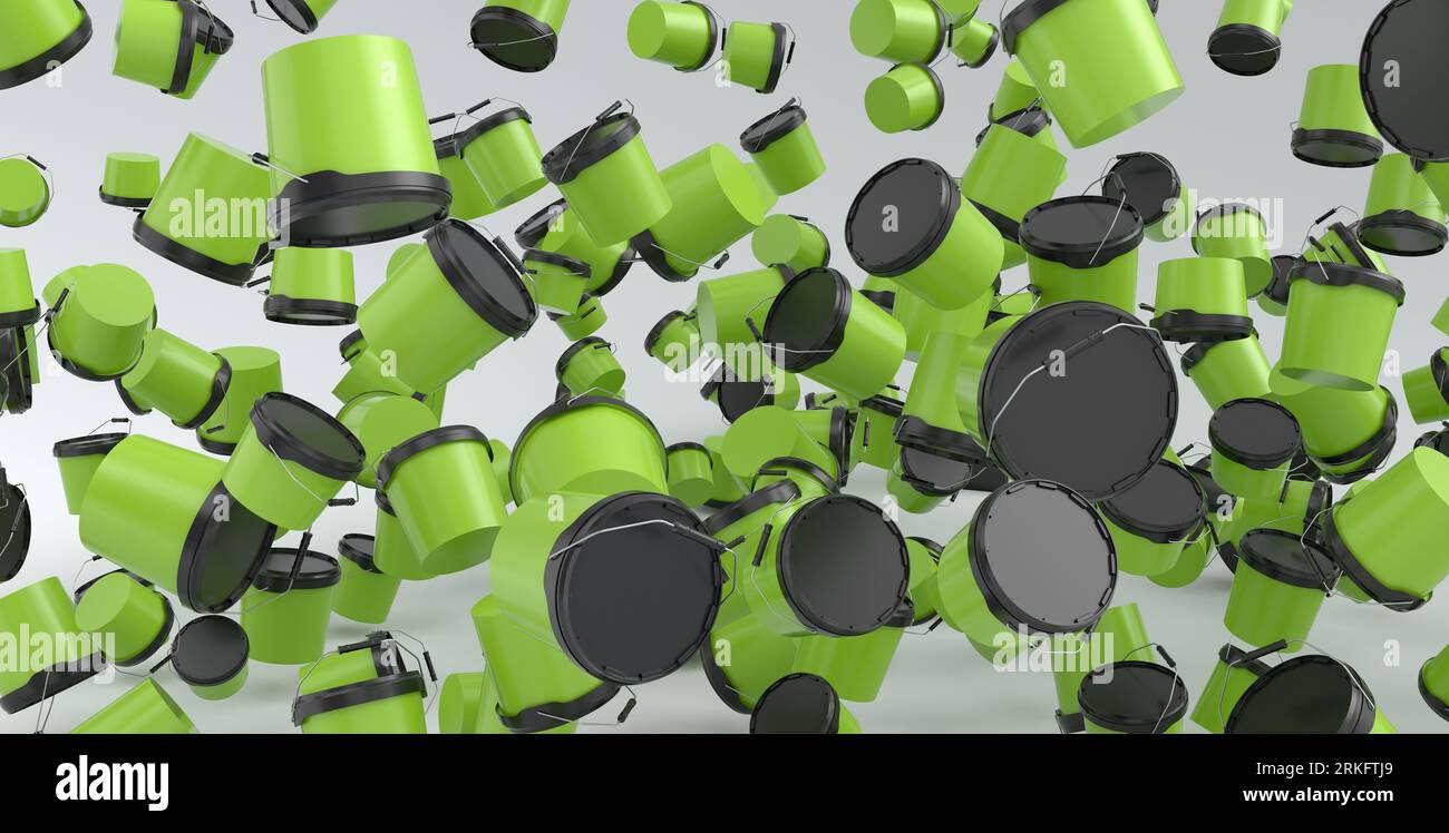 Many of flying plastic cans or buckets on white background. 3d render ...