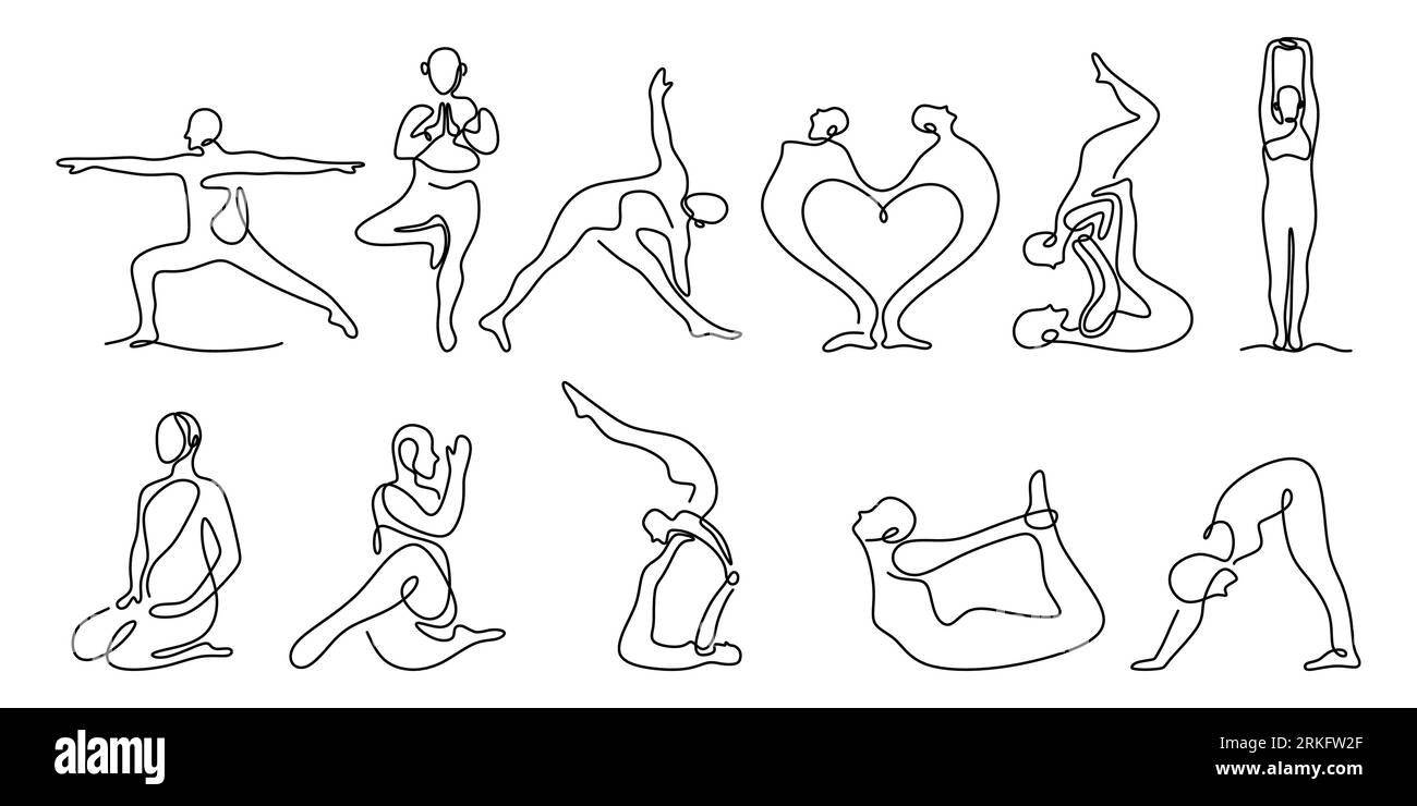 Set of yoga, continuous line drawing of women or man fitness yoga pose ...