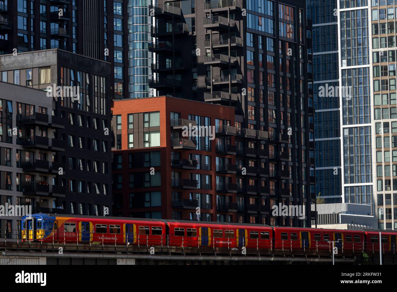 A train from Southwest Railways passing by newly constructed tower ...